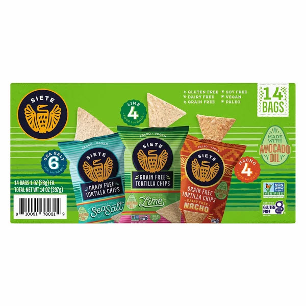 Siete Tortilla Chips Variety Pack 14 Count - Sea Salt, Lime, Nacho - SIETE